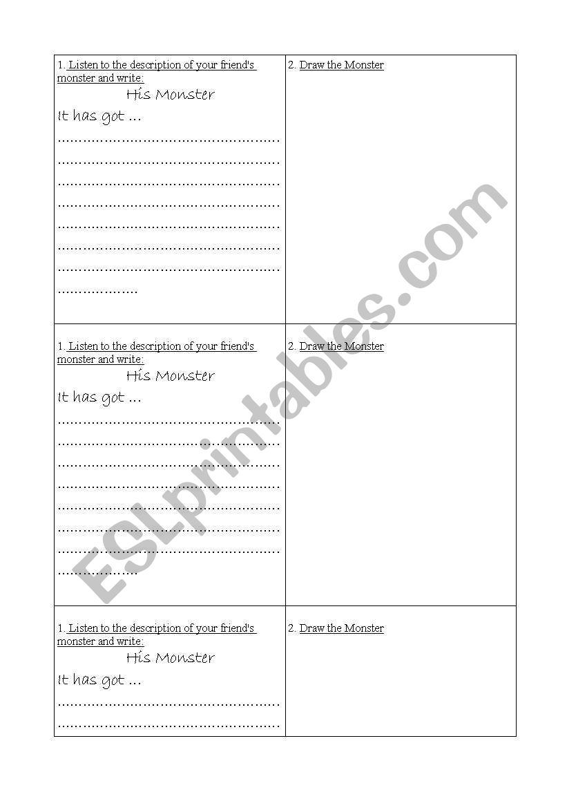 English worksheets: Listen and draw your friend´s description of his ...