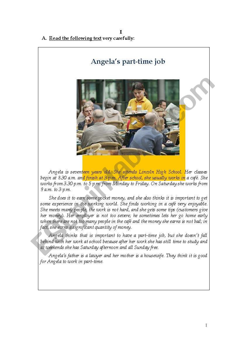 Test - Angela´s part time job - ESL worksheet by sandramaisa