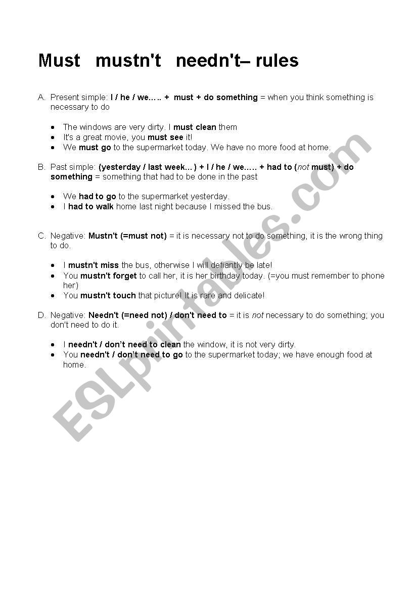 Modals - Must mustn´t needn´t – rules - ESL worksheet by woodge78 Modals - Must mustn´t needn´t – rules - ESL worksheet by woodge78