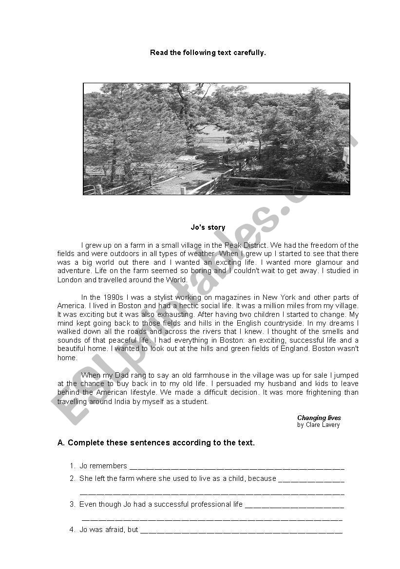 City life and country life JoÂ´s story - ESL worksheet by lubeliaisolda