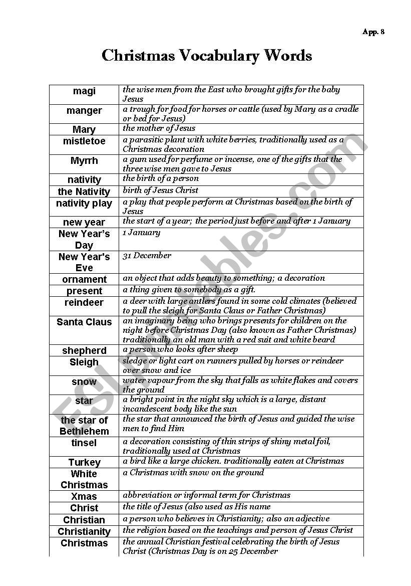 Christmas Vocabulary Words - ESL worksheet by ccristyy91