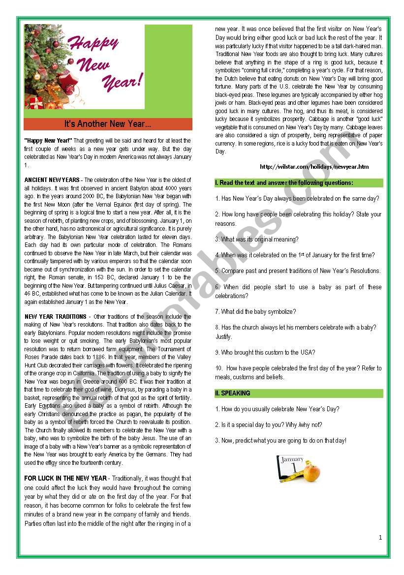 NEW YEAR´S DAY - ESL worksheet by teresapr