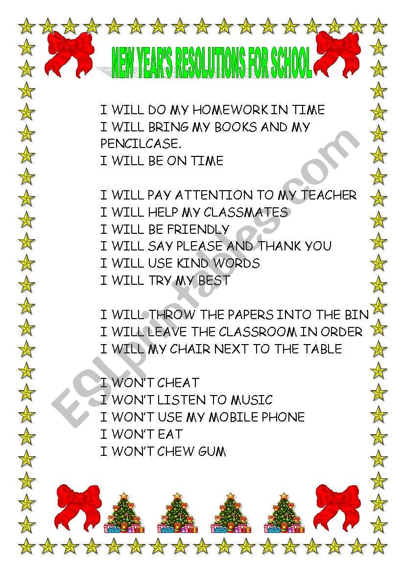 NEW YEAR´S RESOLUTIONS FOR SCHOOL - ESL worksheet by aragoneses