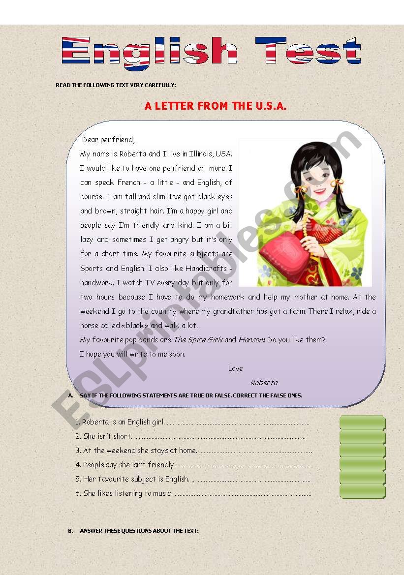 Test «A Letter from the USA» - ESL worksheet by TSTF