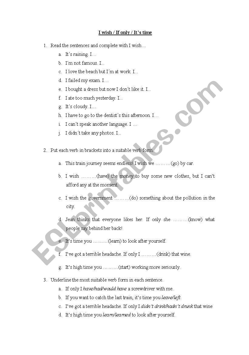 English worksheets: I wish / if only / It´s time