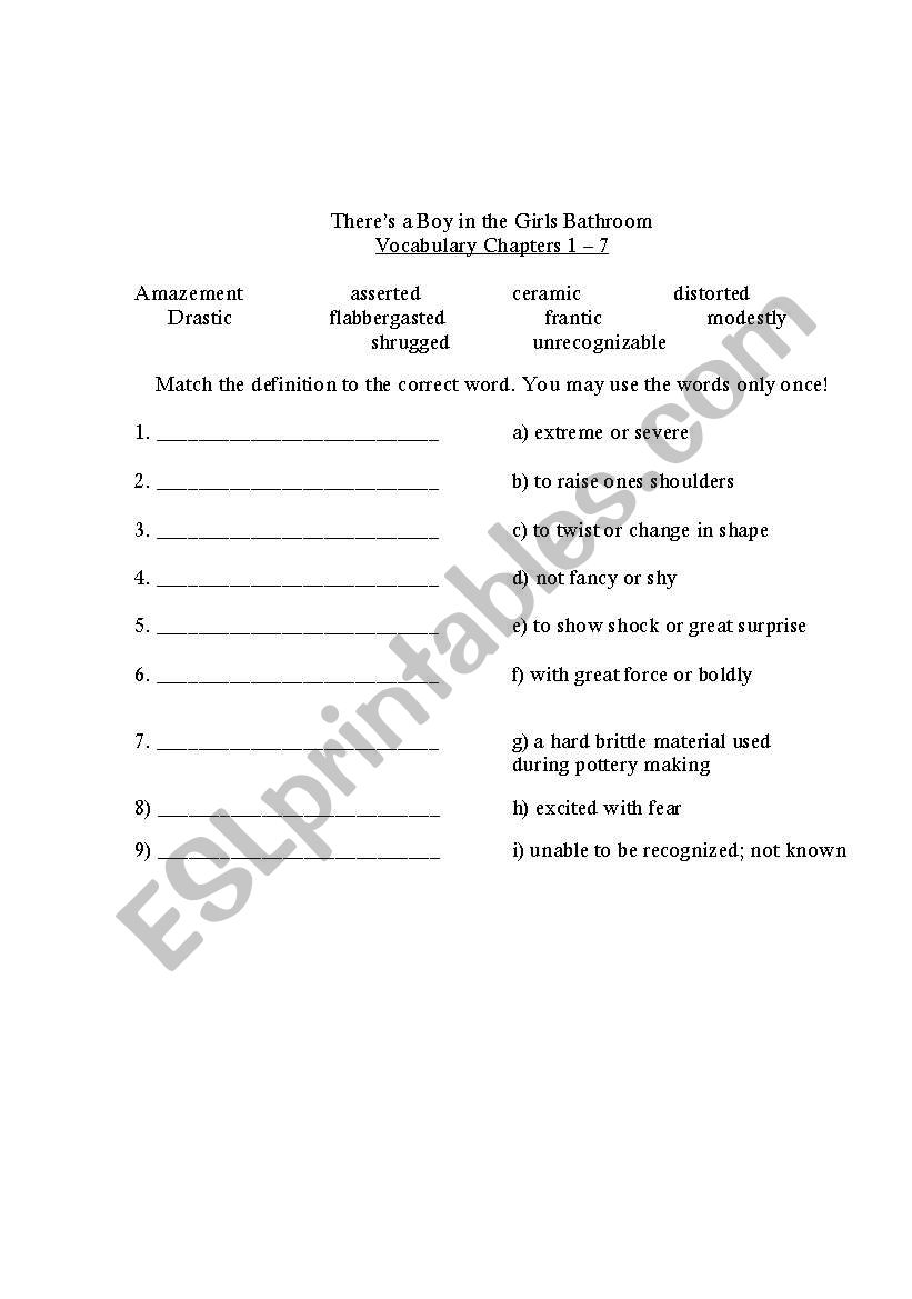 English worksheets: Vocabulary Sheets for Novel "There´s a Boy in the ...