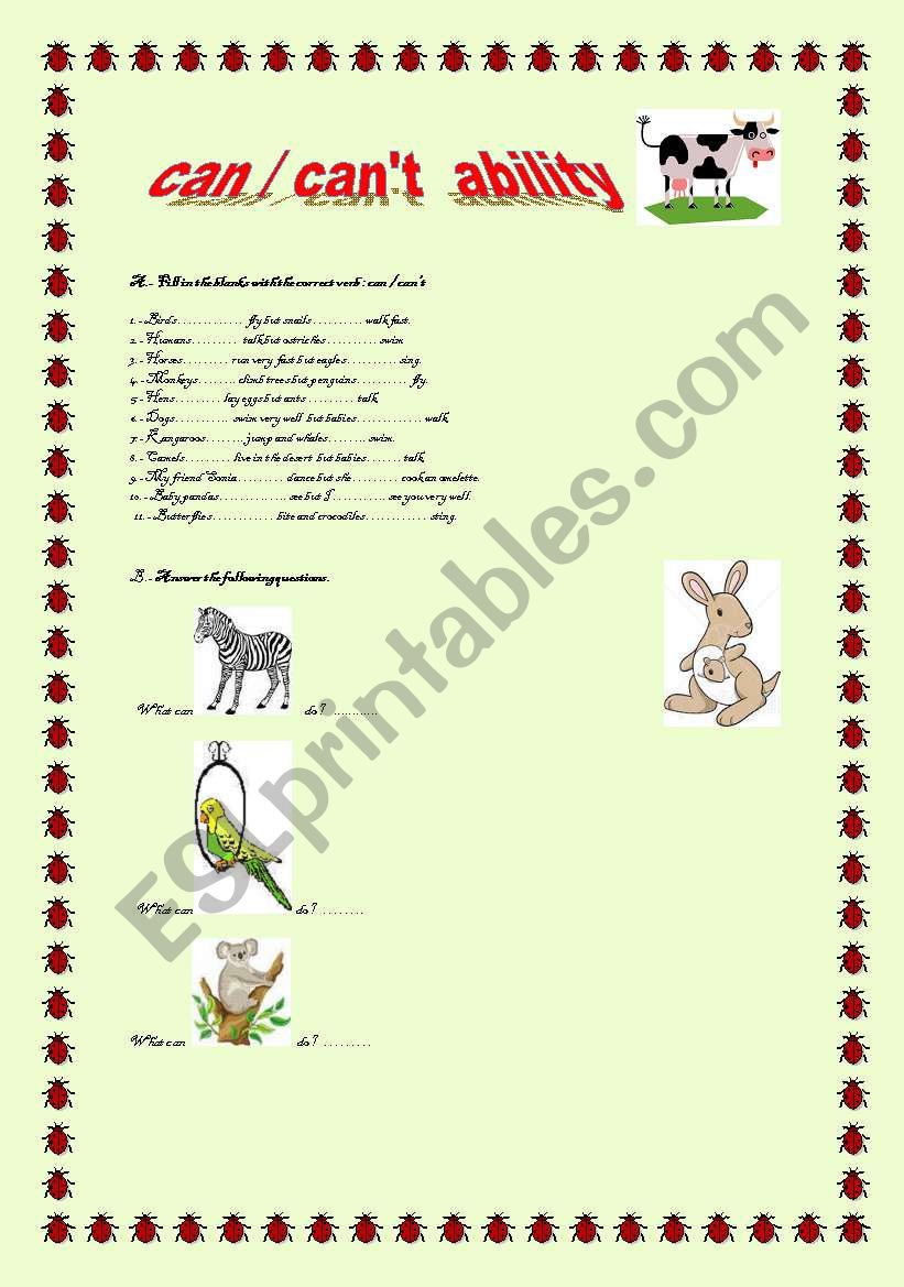 English worksheets: Modal verb : can/can´t ability
