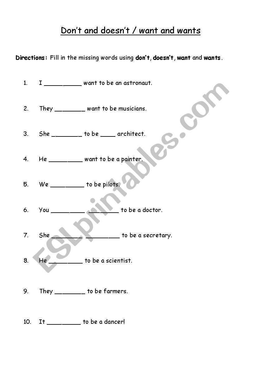 English worksheets: Don’t and doesn’t / want and wants