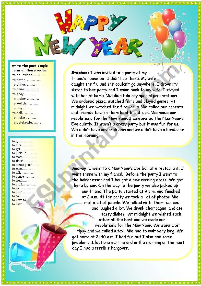 HOW DID YOU SPEND NEW YEAR´S EVE ? - past simple - ESL worksheet by tukany3