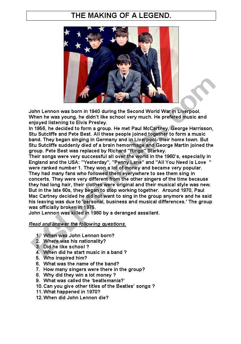 past simple - John LennonÂ´s biography - ESL worksheet by titlapin