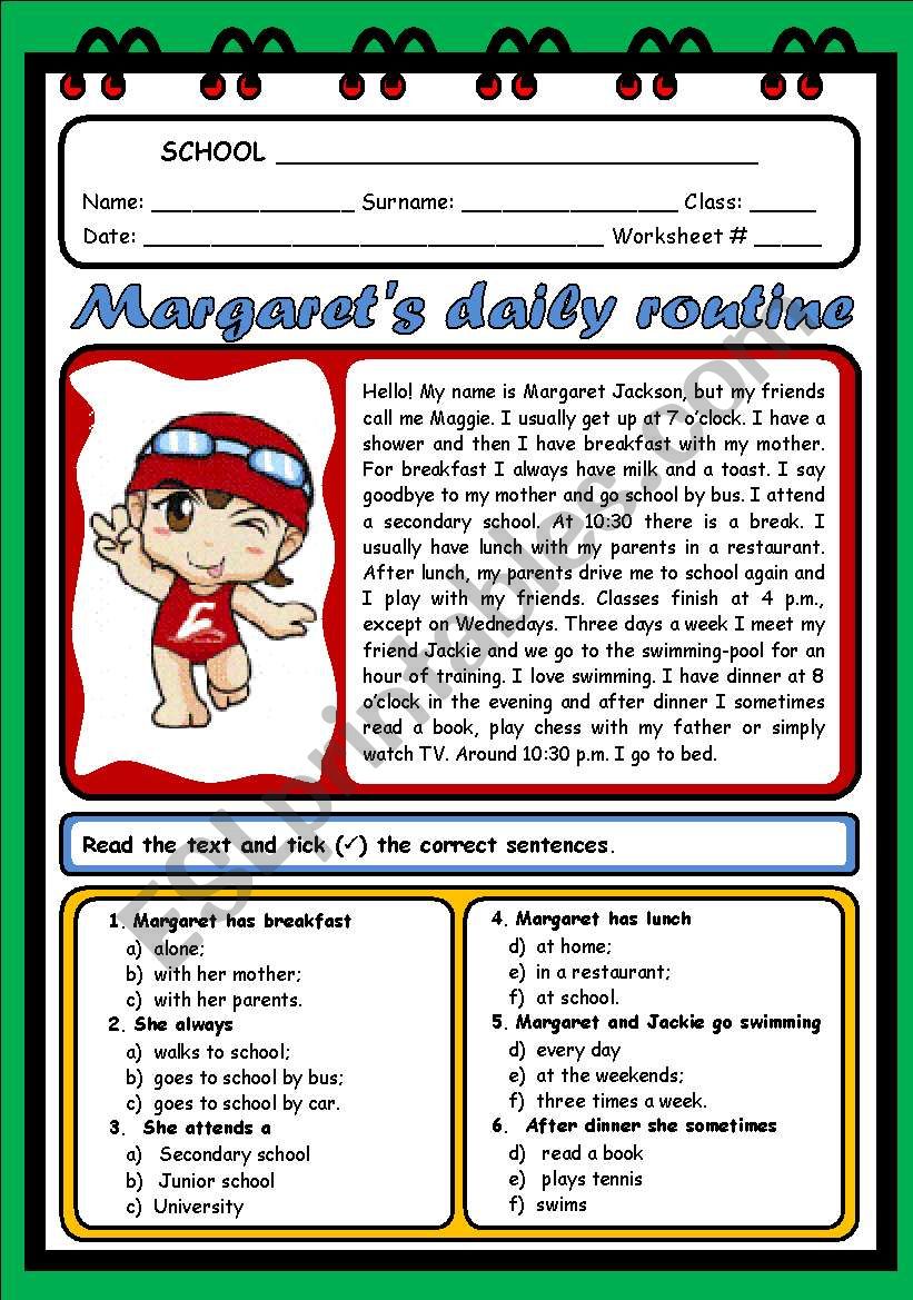 MARGARET´S DAILY ROUTINE (2 PAGES) - ESL worksheet by evelinamaria