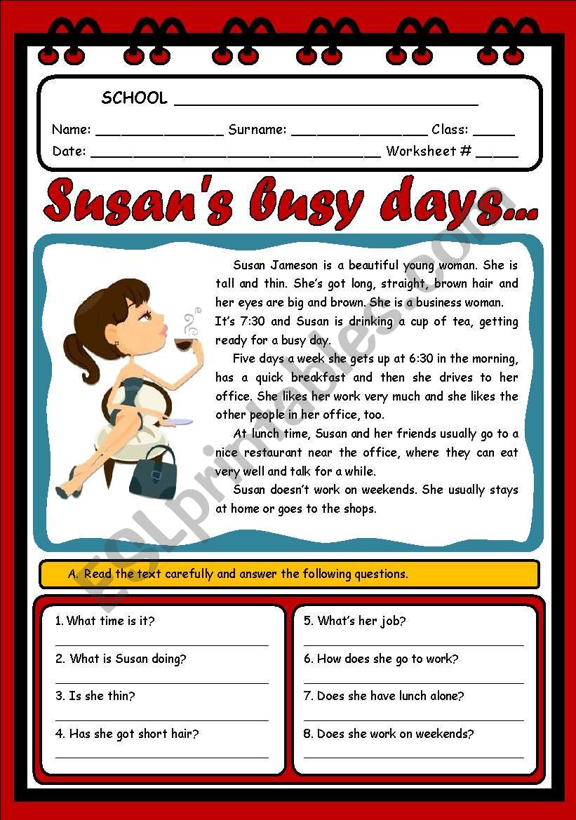 SUSAN´S BUSY DAYS... (3 PAGES) - ESL worksheet by evelinamaria
