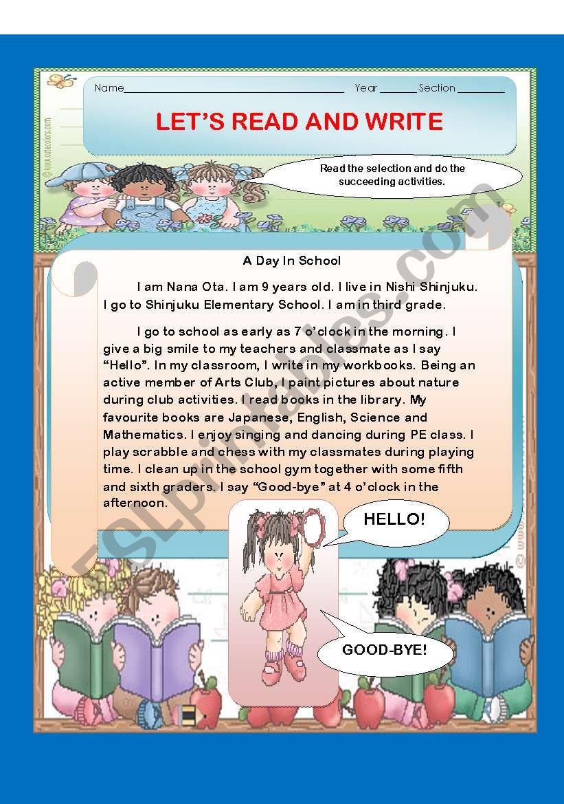 A DAY IN SCHOOL:LET´S READ AND WRITE - ESL worksheet by phil niro