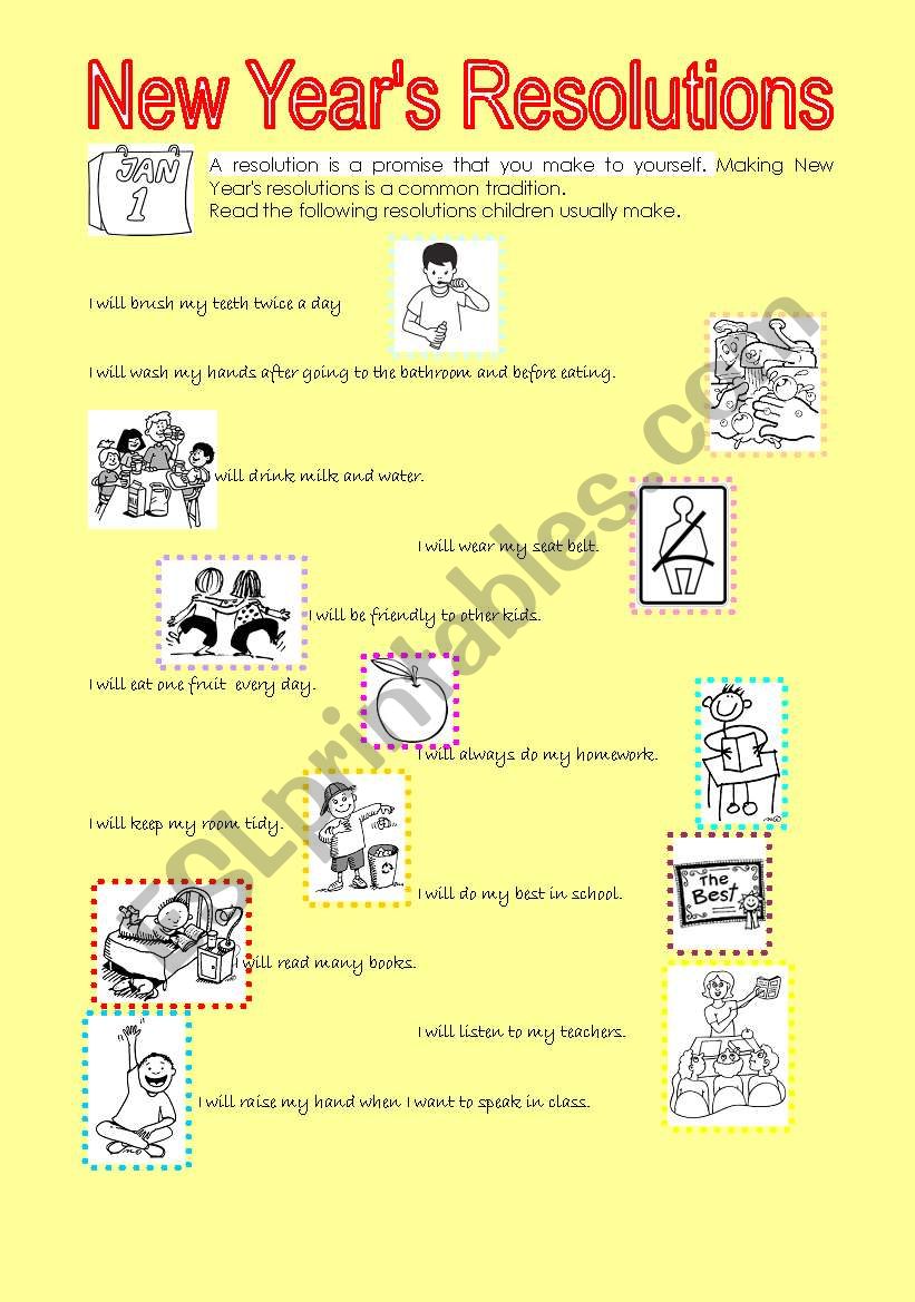 NEW YEAR´S RESOLUTIONS FOR YOUNG LEARNERS - ESL worksheet by silvas