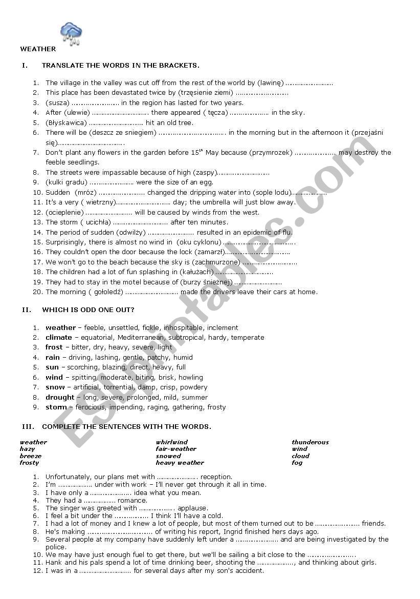 Weather - vocabulary, word building, fill-in, writing - ESL worksheet ...