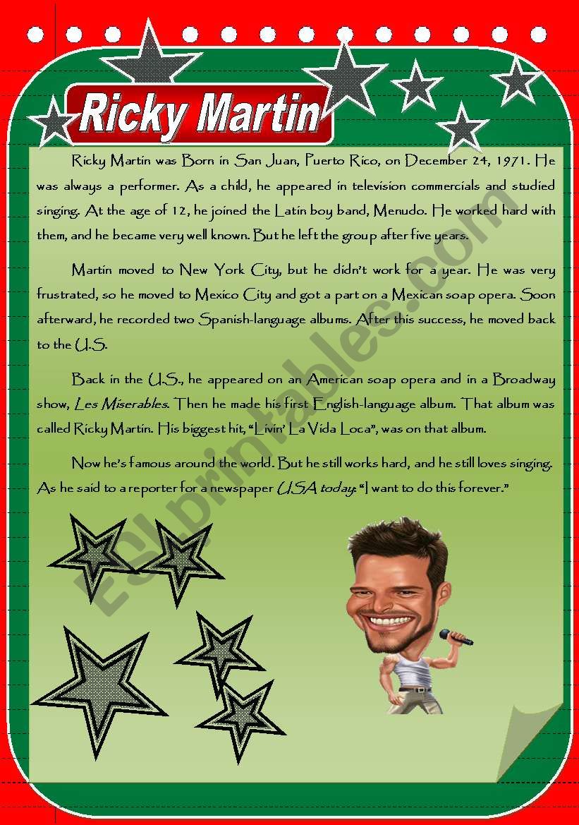 Simple Past Tense(Ricky Martin´s Biography) - ESL worksheet by ...