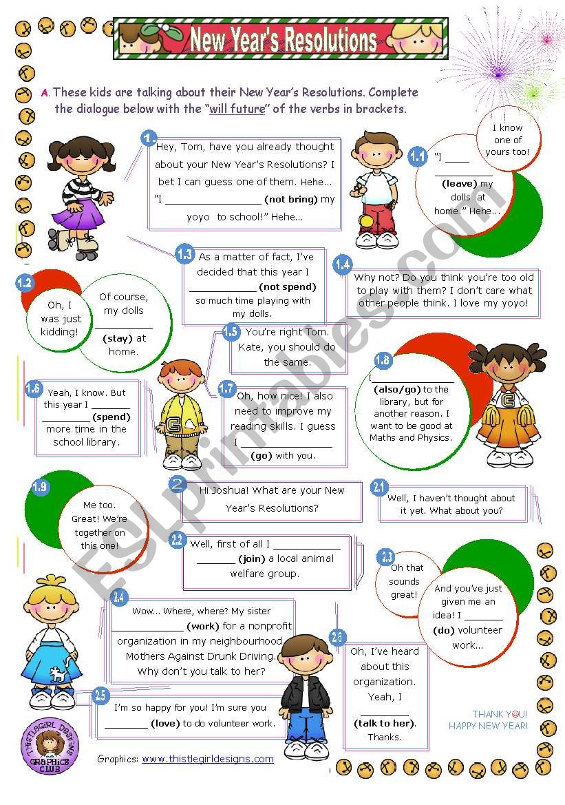 New YearÂ´s resolutions dialogues - focus on Grammar: will future - ESL ...