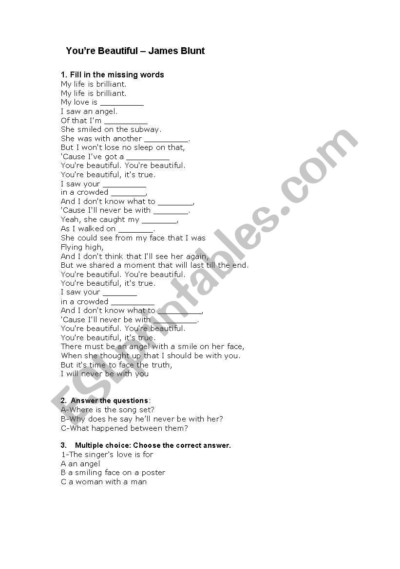 You´re beautiful, James Blunt - ESL worksheet by alisonhutton777 ...