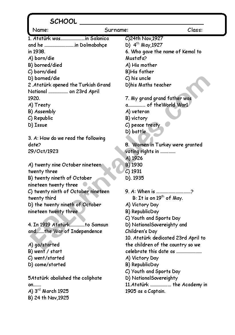 Atatürk and the first years of Turkish Republic - ESL worksheet by epit