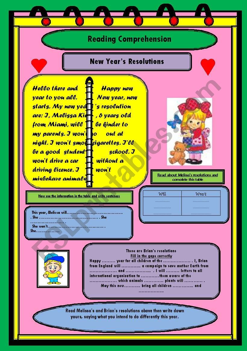 Mellisa´s New Year Resolutions - ESL worksheet by zizou27300
