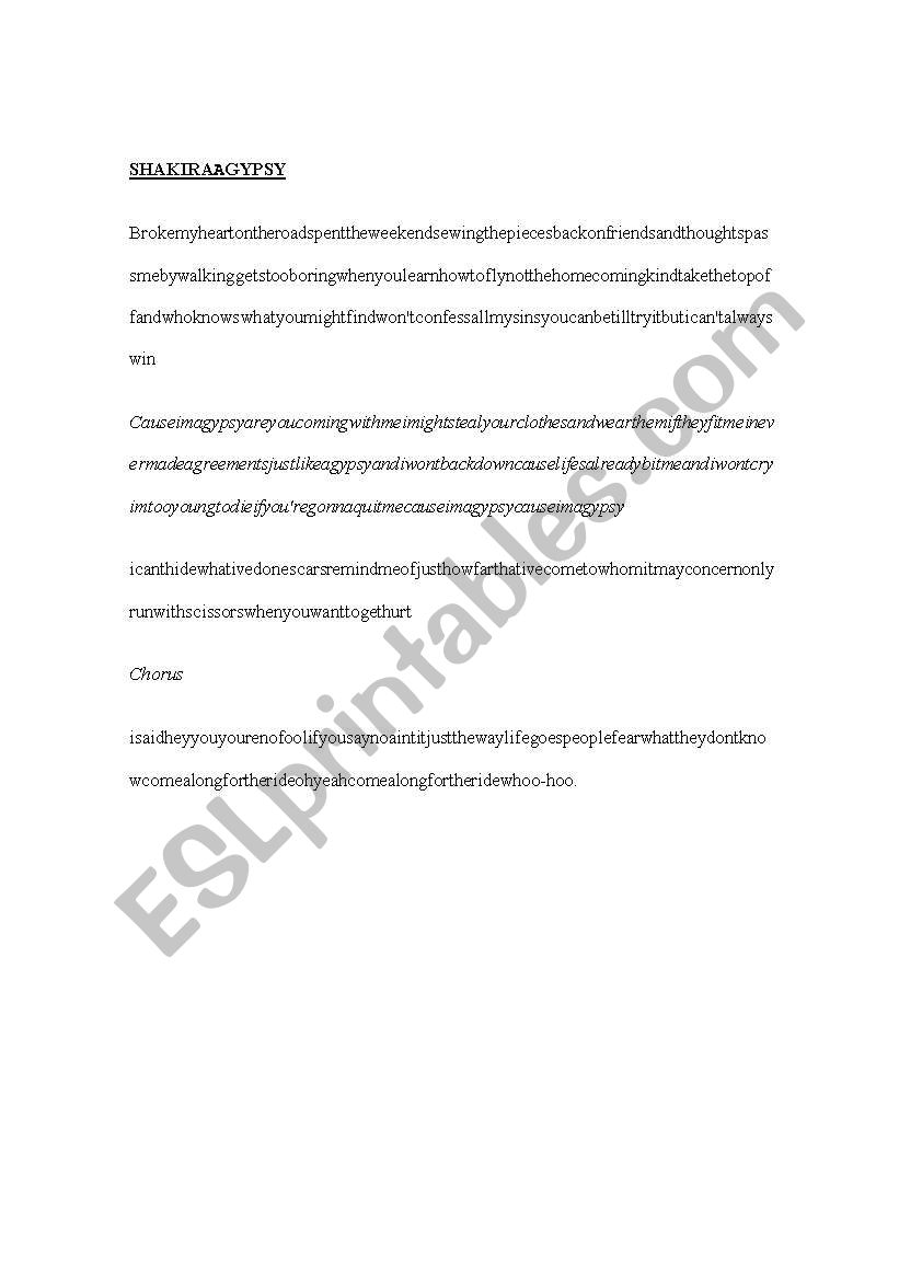 English worksheets: Shakira Songs ORIGINAL ACTIVITIES WITH TEACHER´S PET
