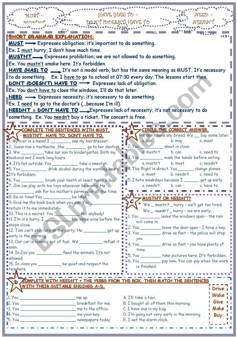 MODALS - MUST/MUSTN´T - HAVE TO/DON´T HAVE TO - NEED/NEEDN´T - ESL ... MODALS - MUST/MUSTN´T - HAVE TO/DON´T HAVE TO - NEED/NEEDN´T - ESL ...