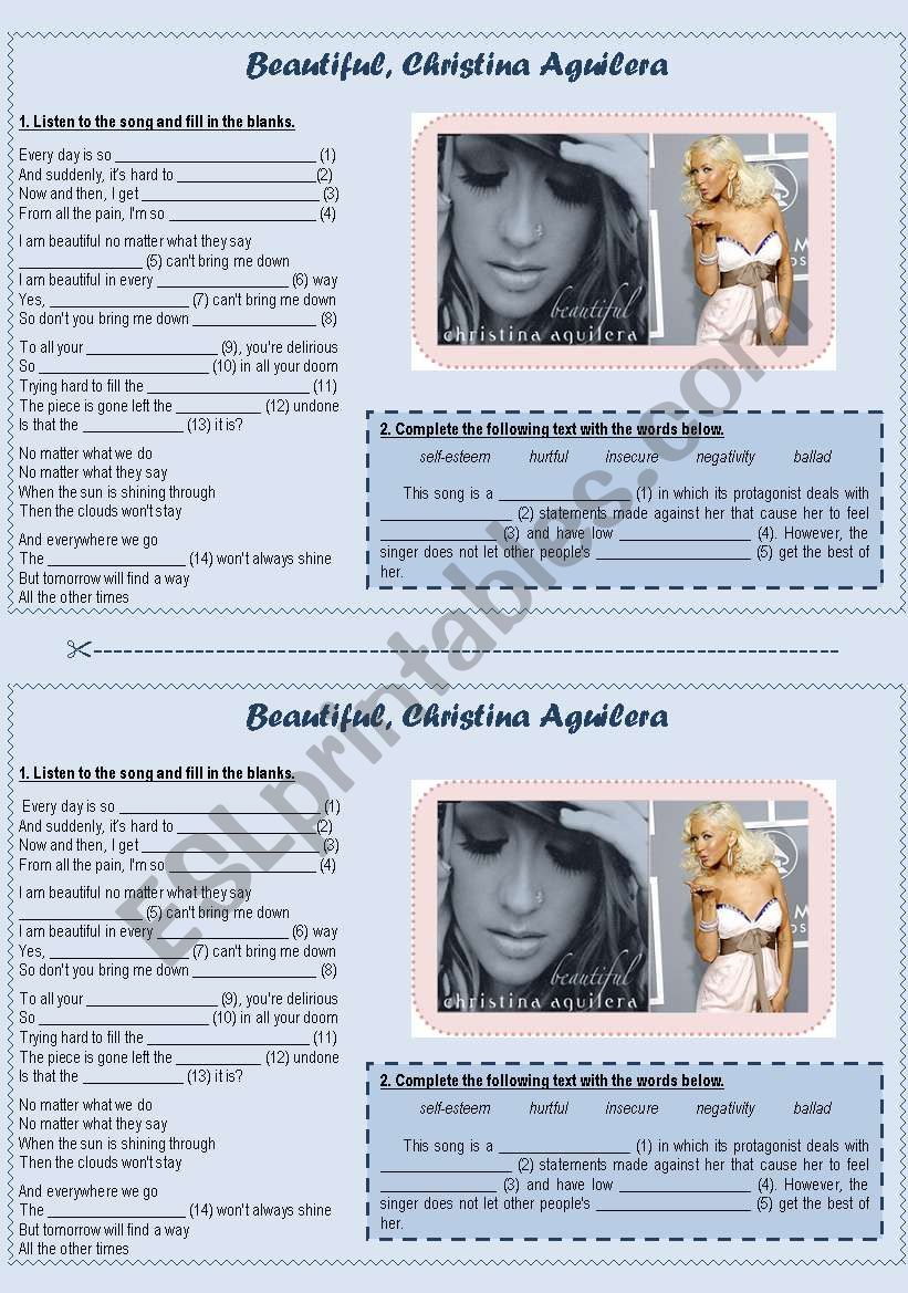 Beautiful, Christina AguileraÂ´s song (listening comprehension) - ESL ...