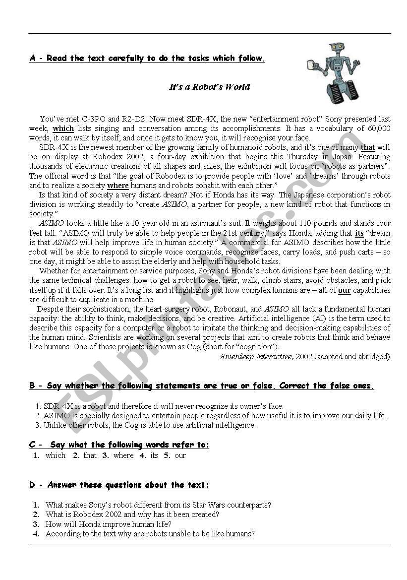 Test - It´s a Robot World - ESL worksheet by austendorothy