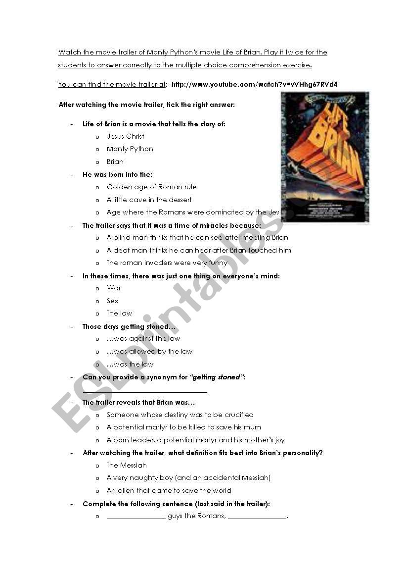 LISTENING EXERCISE ON MONTY PYTHON´S LIFE OF BRIAN TRAILER - ESL ...