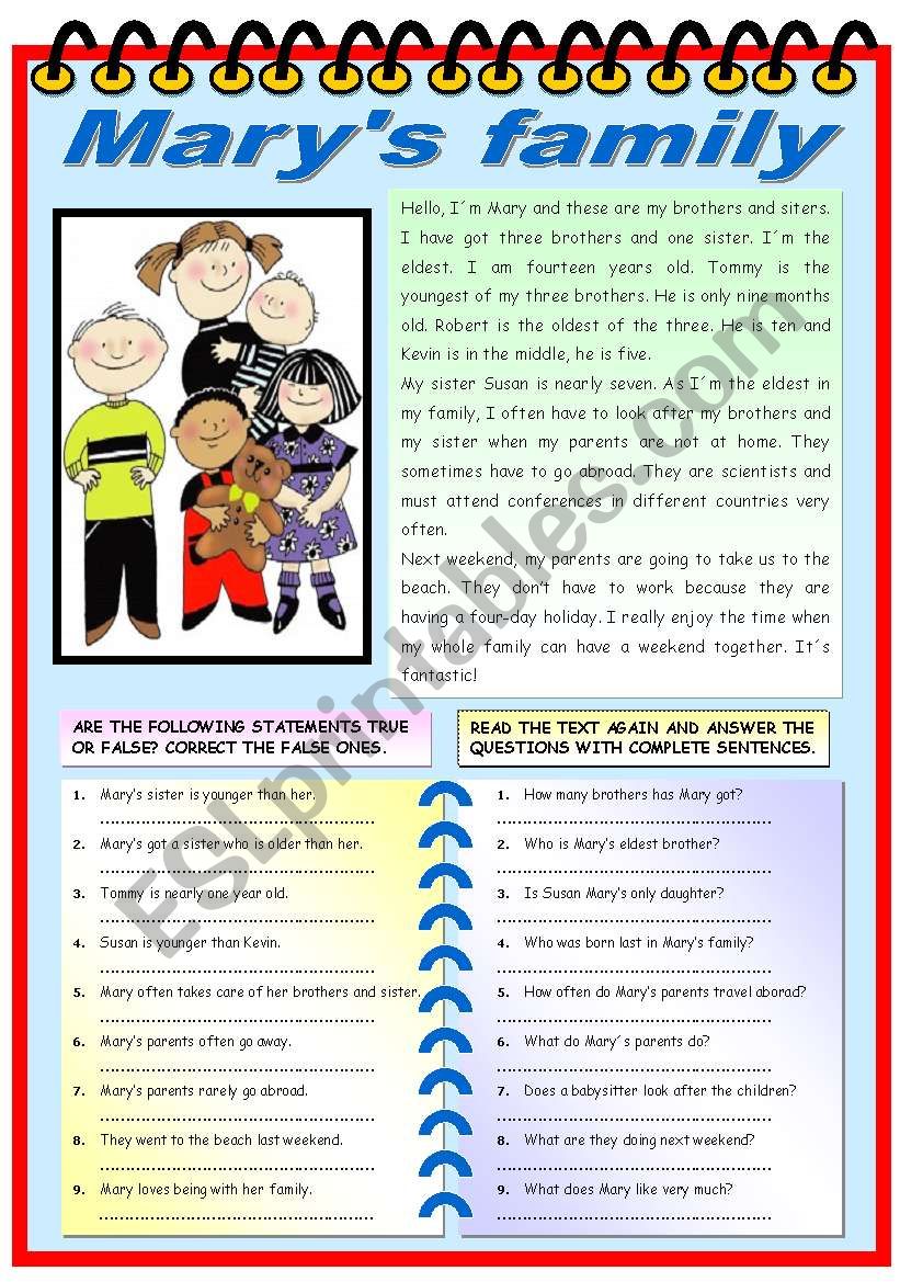 MARY´S FAMILY (READING + COMPREHENSION EXERCISES) - ESL worksheet by ...