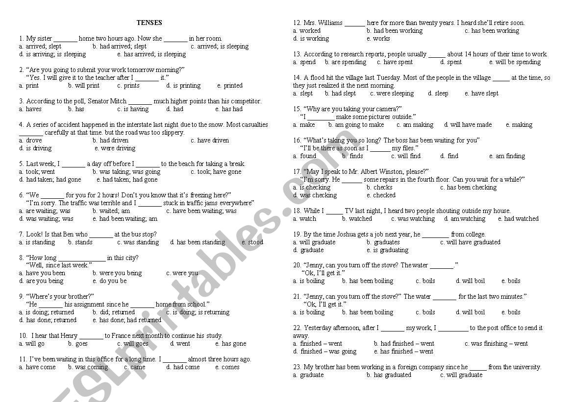 Mixed Tenses Exercise Multiple Choice ESL Worksheet By Aledda