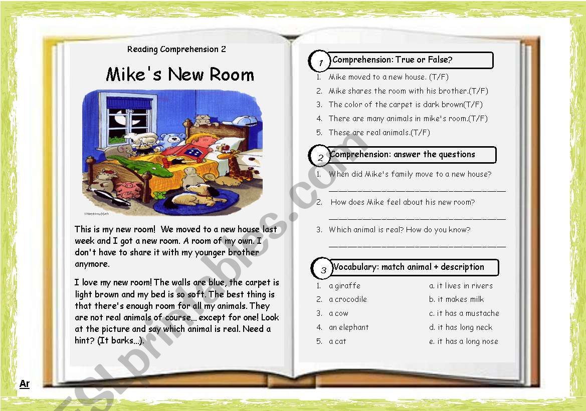 Reading Comprehension 02: Mike´s New Room + Key - ESL worksheet by sharon f