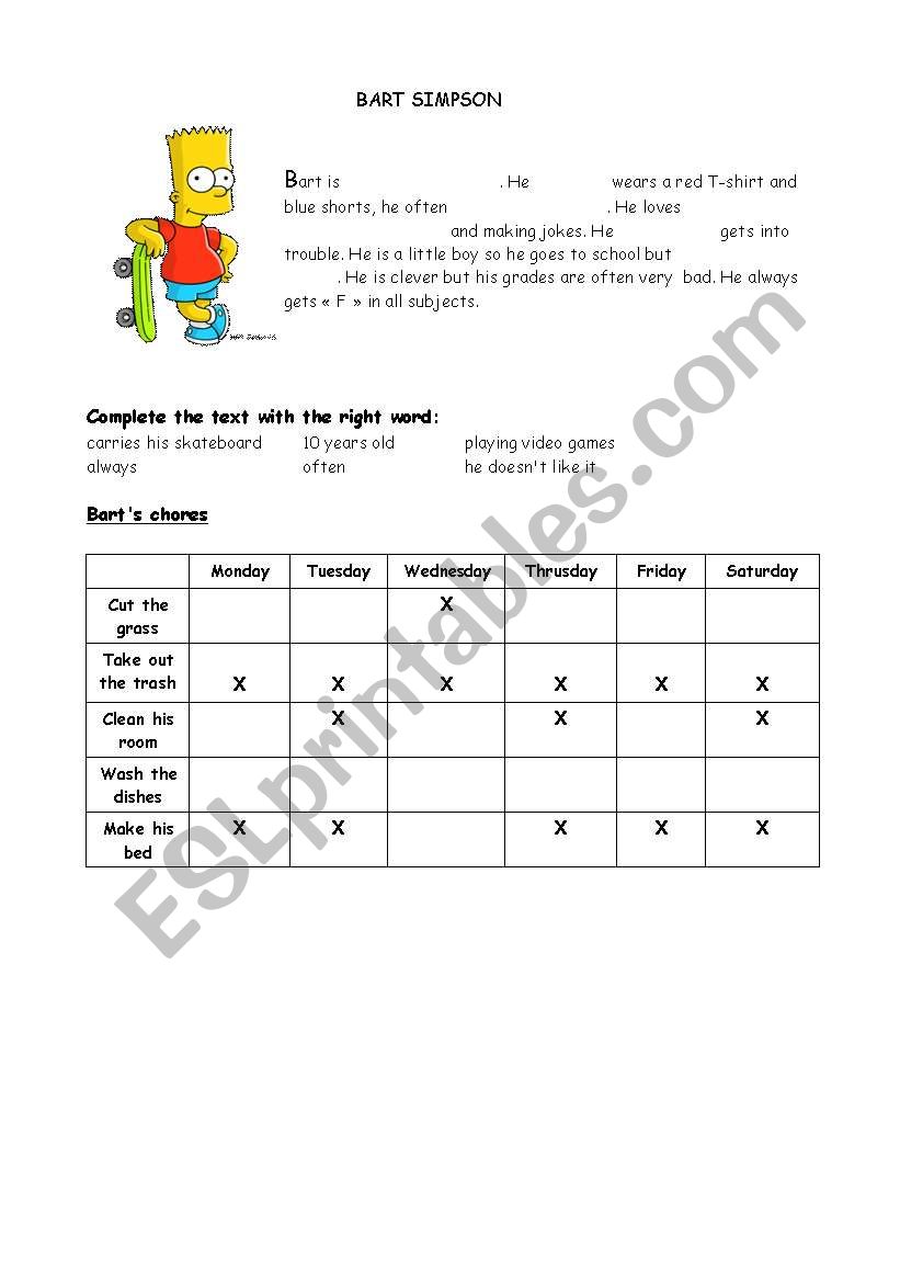 Bart´s chores - ESL worksheet by misslamour