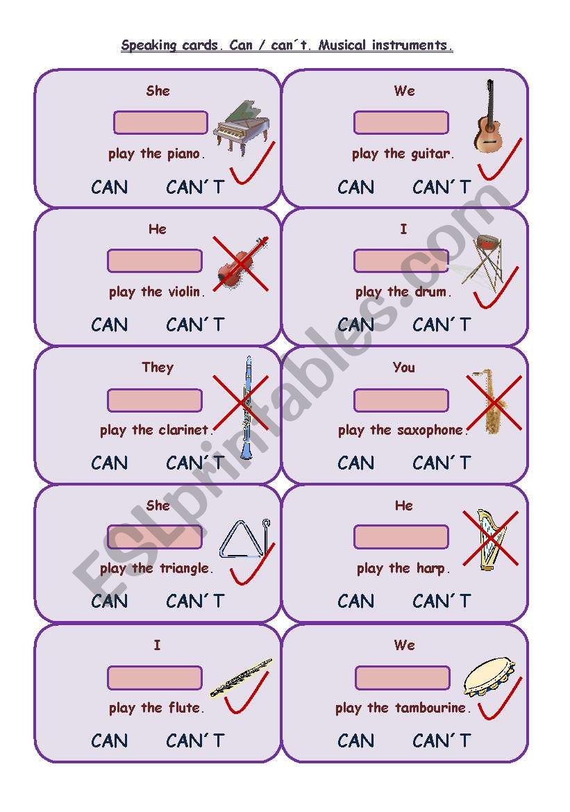 Speaking cards - can/can´t - musical instruments - ESL worksheet by ...