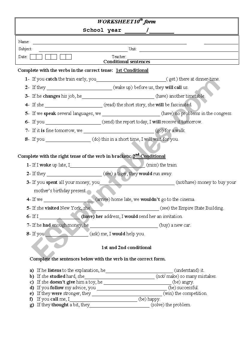 conditional -type 1 and 2 - ESL worksheet by mclopes