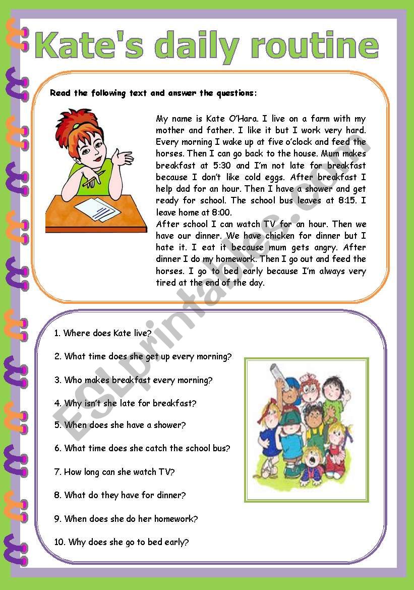 Kate´s daily routine 3 pages - ESL worksheet by Thumbelina17