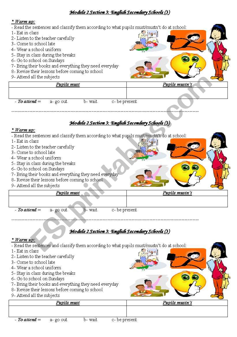 pupils must/mustnÂ´t do at school - ESL worksheet by my butterfly