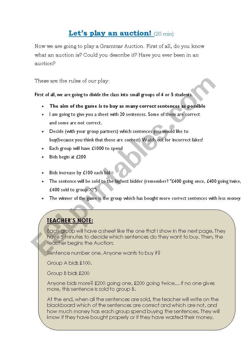 LET´S PLAY A GRAMMAR AUCTION - ESL worksheet by inmayjavi