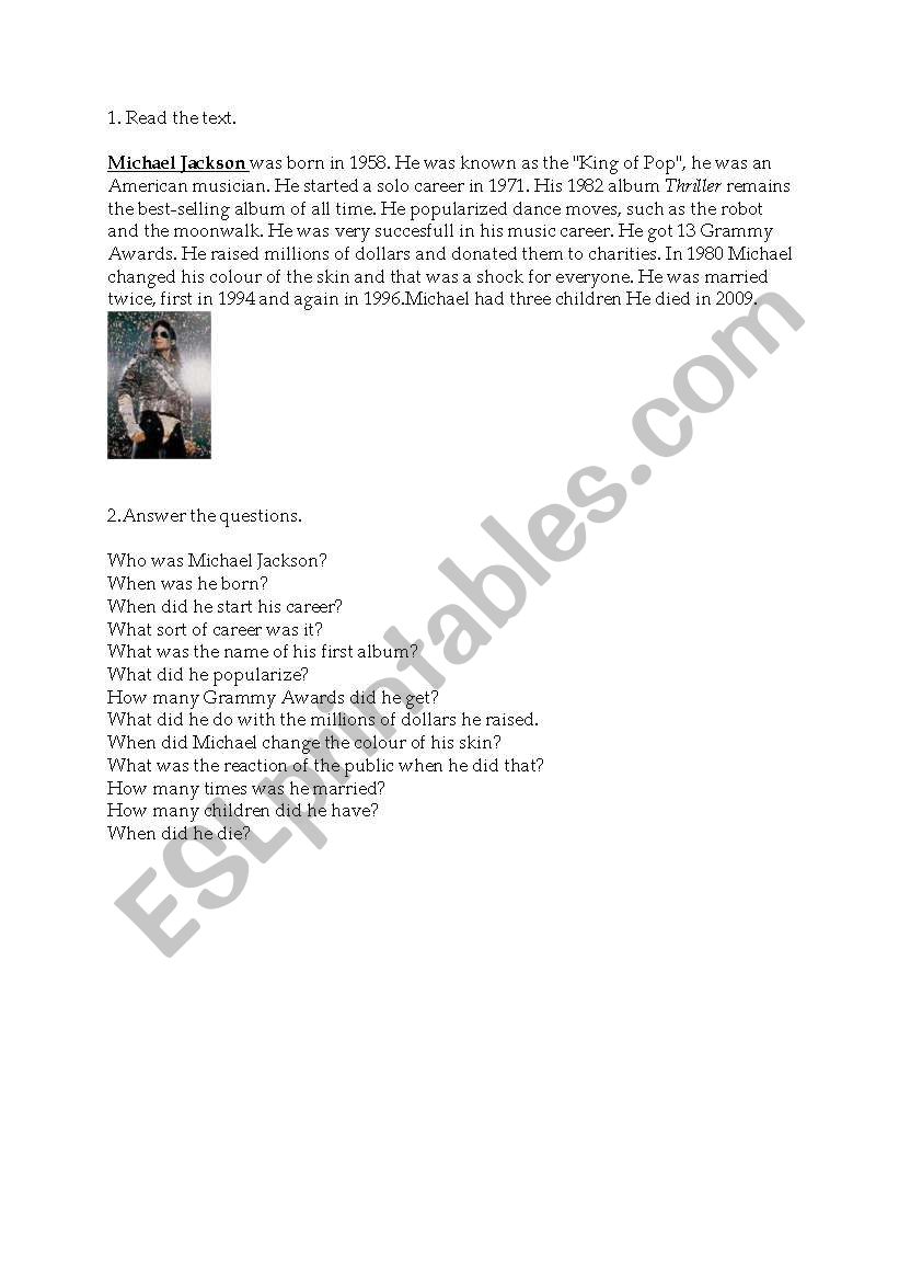 Michael Jackson´s biography - past simple ex. - ESL worksheet by AgaK91