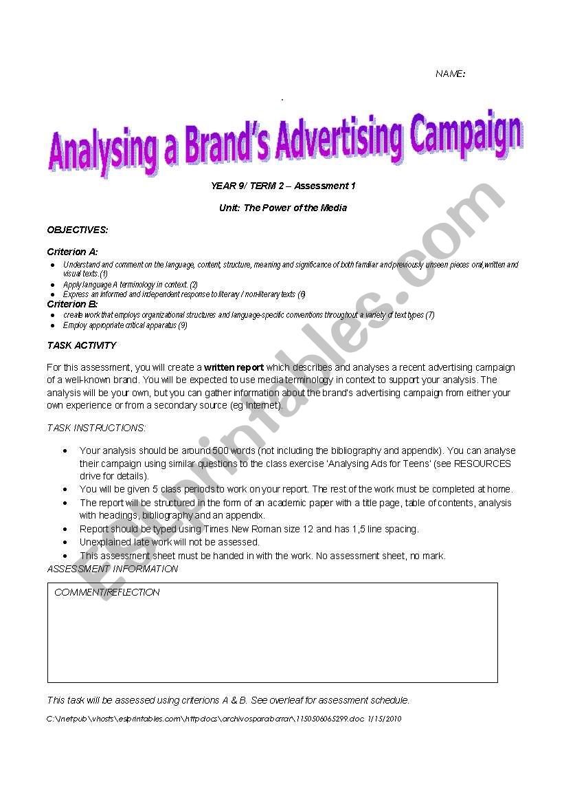 Analysing a Brand´s Advertising Campaign - ESL worksheet by ckuswhara