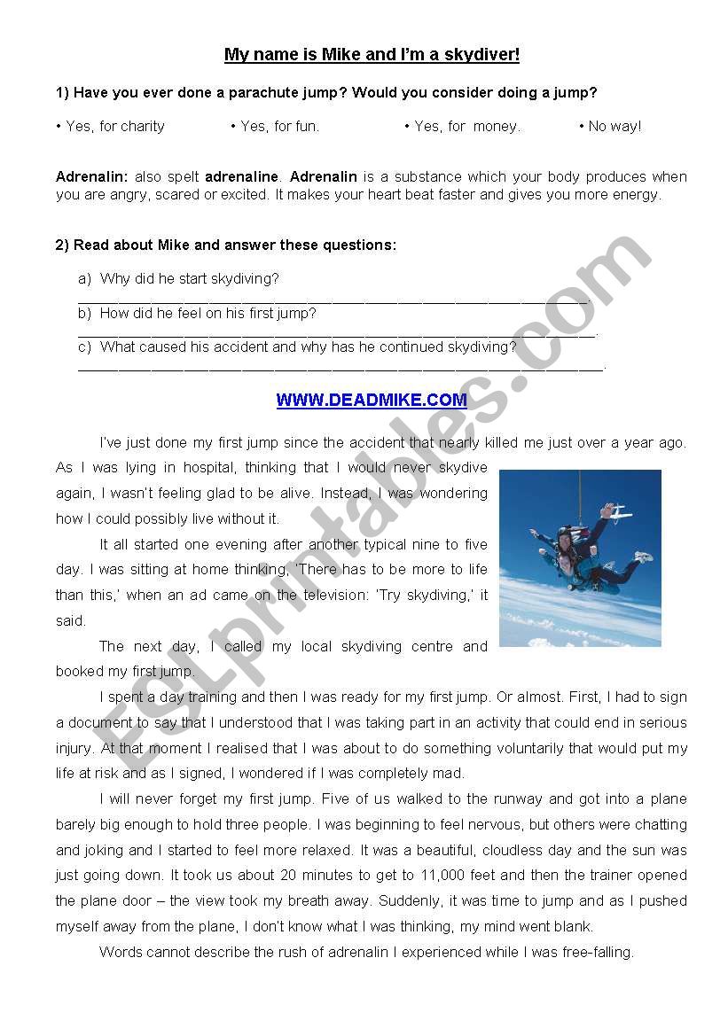 My name is Mike and I´m a skydiver - ESL worksheet by palolachiesa