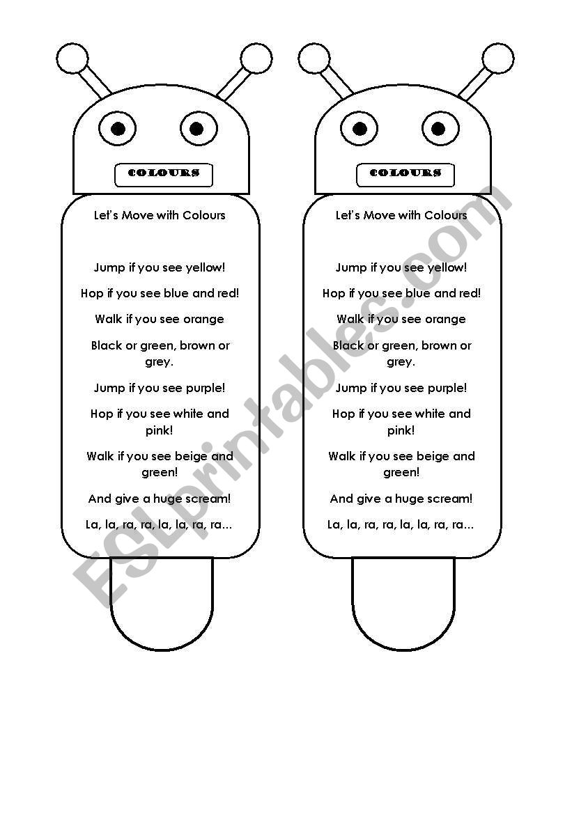 Let´s move with colours bookmark and song - ESL worksheet by achadinha