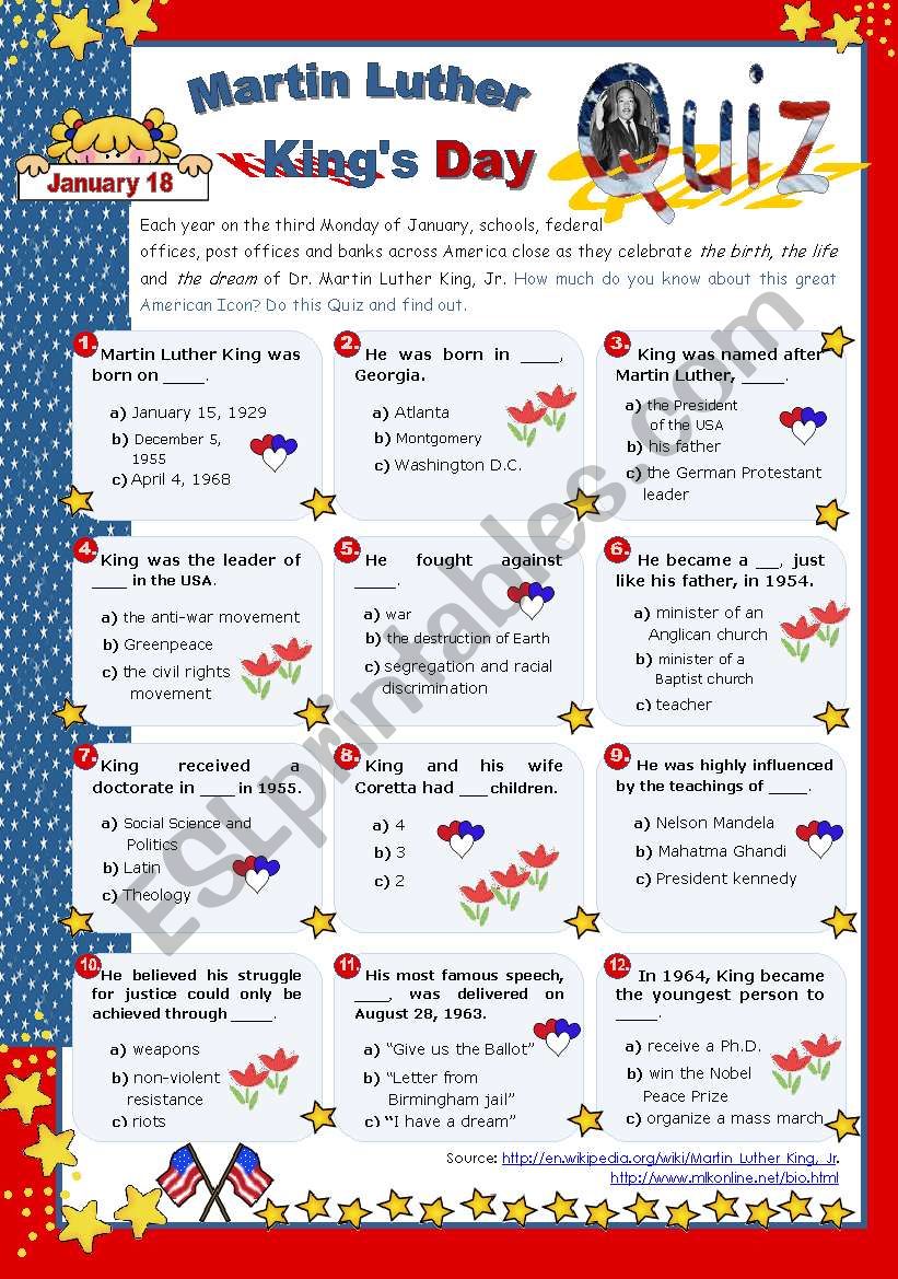 January 18, Martin Luther king´s Day - Quiz - ESL worksheet by mena22
