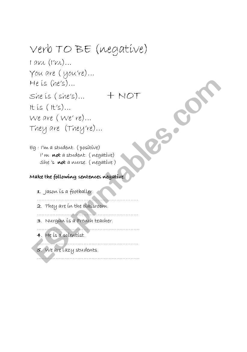 English worksheets: verb ´to be´ negative