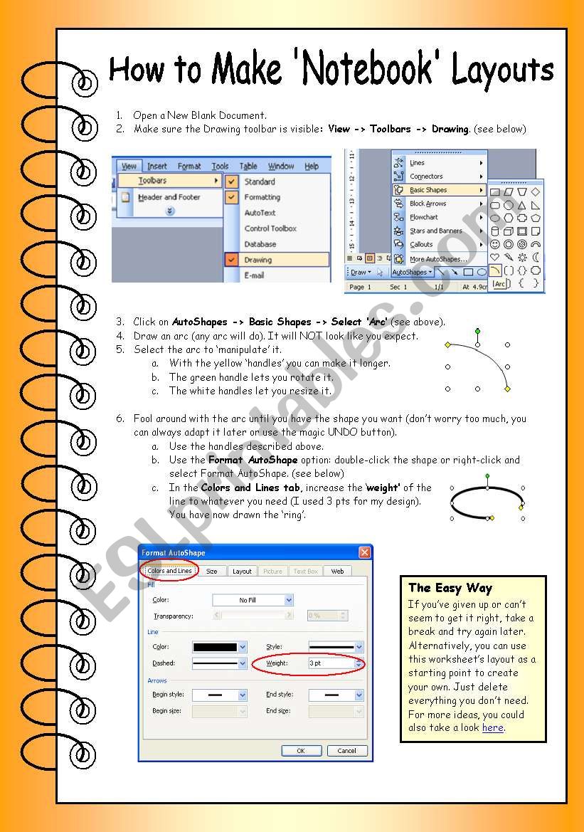 How to Make ´Spiral Notebook´ Layouts - ESL worksheet by PhilipR