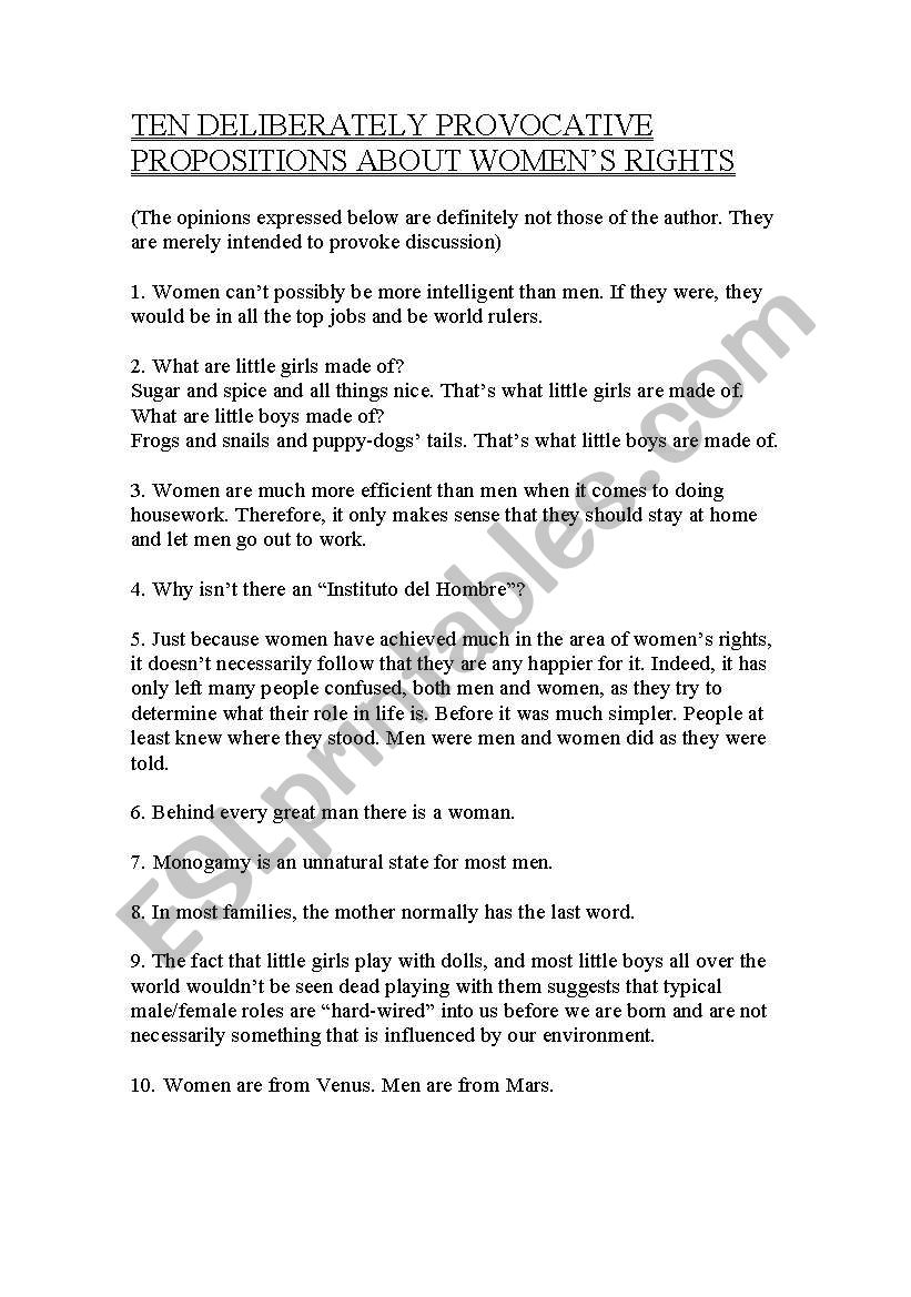 English worksheets: TEN DELIBERATELY PROVOCATIVE PROPOSITIONS ON WOMEN ...
