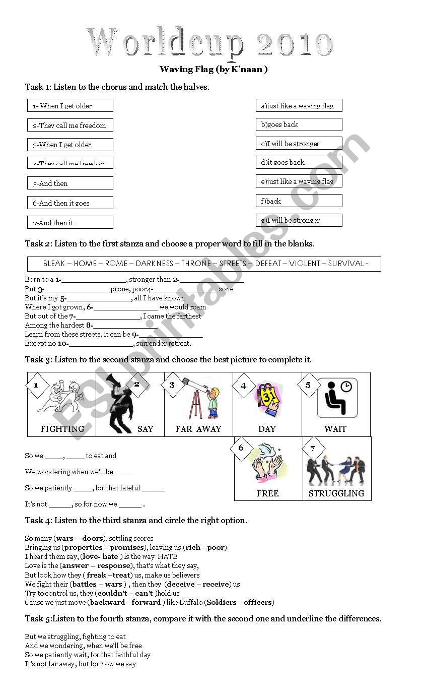 Worldcup 2010 Waving flag song (by K´naan) - ESL worksheet by debiland