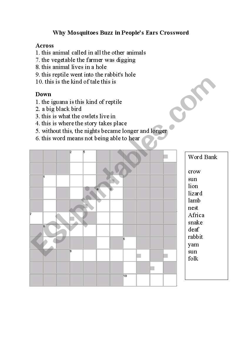 English worksheets: Why Mosquitoes Buzz in People´s Ears Crossword Puzzle