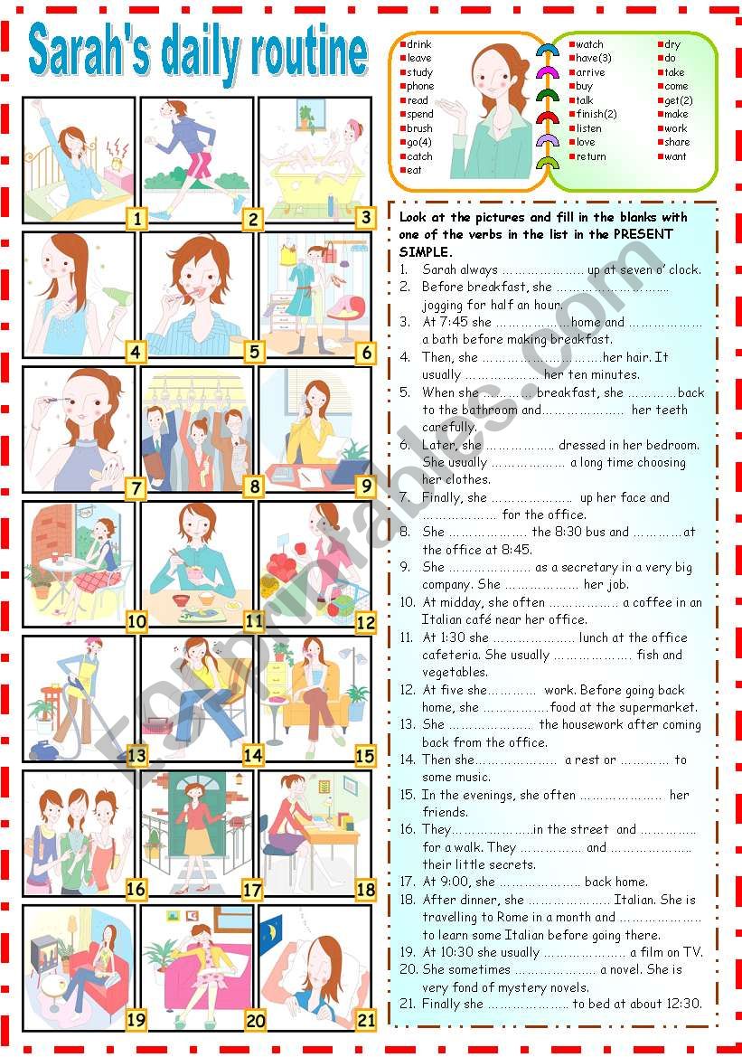 SARAH´S DAILY ROUTINE (KEY+B&W VERSION INCLUDED) - ESL worksheet by Katiana