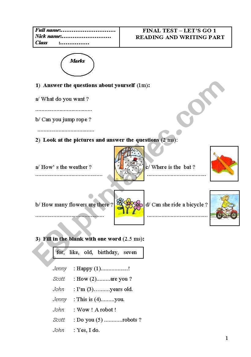 English worksheets: test_let´s go 1 book